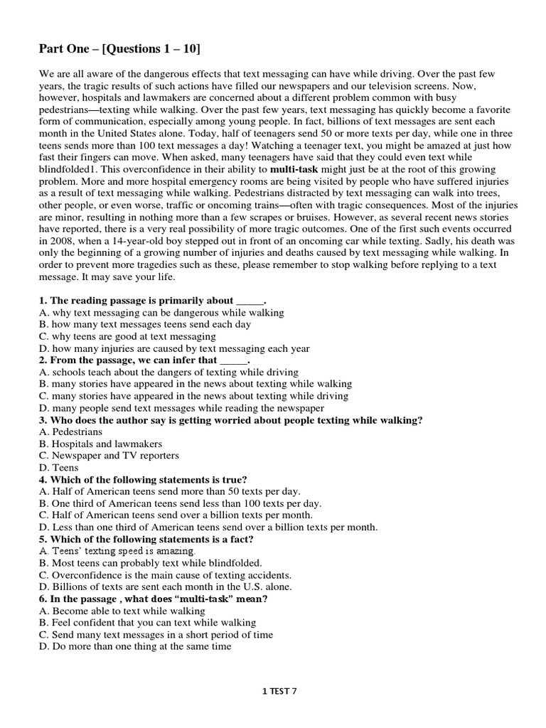 Part One - (Questions 1 - 10) : 1 Test 7 | PDF | Text Messaging ...