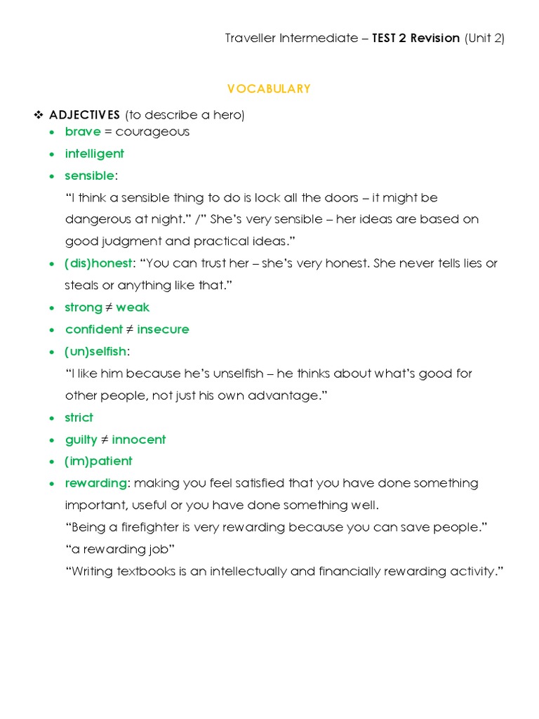 Traveller Intermediate Unit 2 Revision | PDF | Adjective | Adverb