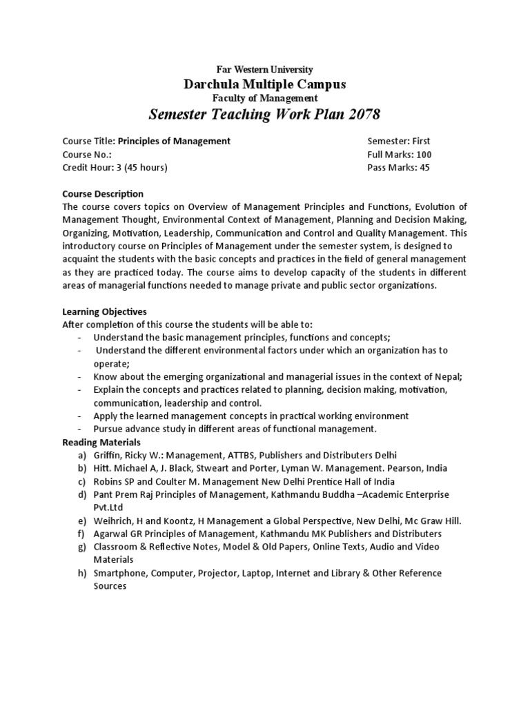 Work Plan of Principles of Management 2078 | PDF | Leadership ...