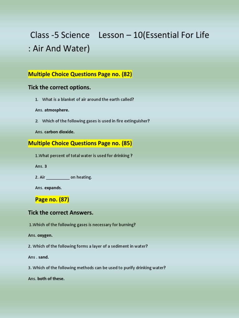 Class 5 Science L-11Essential For Life Air and Water | PDF | Atmosphere ...