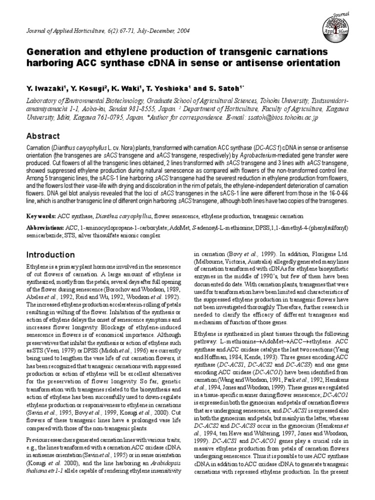 Generation and Ethylene Production of Transgenic Carnations | PDF ...