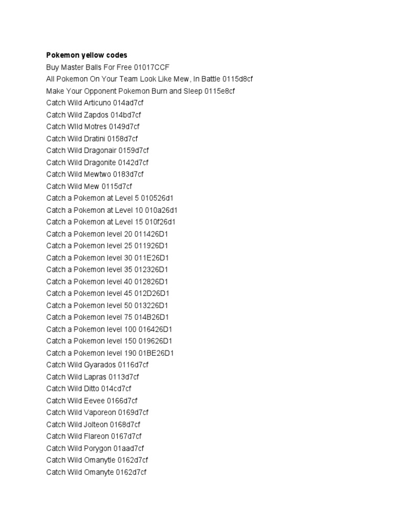 Pokemon Yellow Codes | PDF | Nintendo Franchises | Pokémon