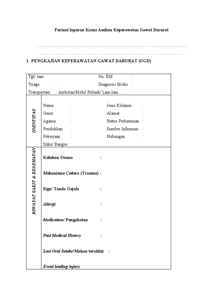 Format Laporan Kasus Asuhan Keperawatan Gawat Darurat | PDF