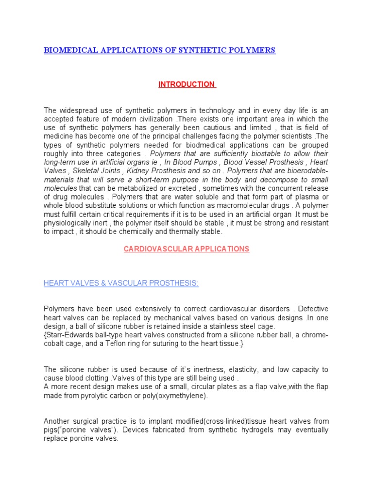 Biomedical Applications of Synthetic Polymers: Heart Valves & Vascular ...