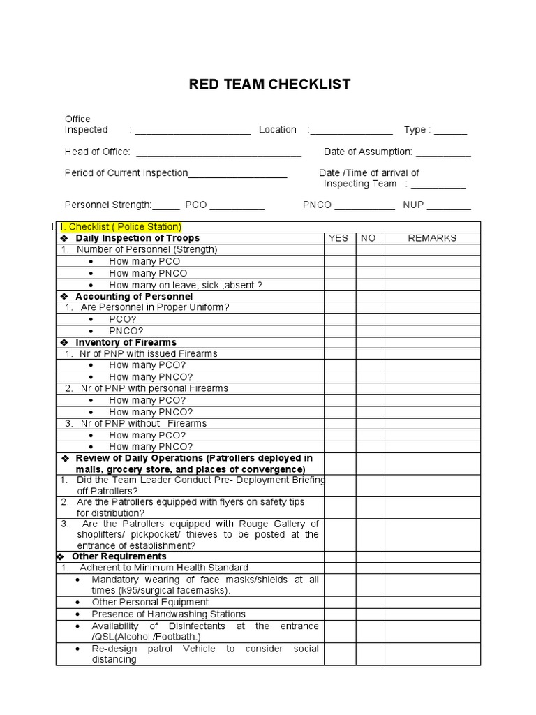 Red Team Inspection Checklist | PDF | Safety
