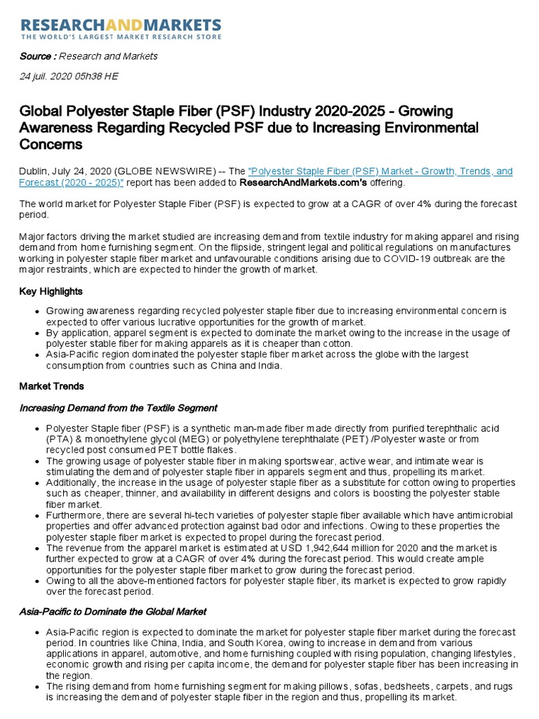 Global Polyester Staple Fiber PSF Industry 2020 | PDF | Polyester | Fibers