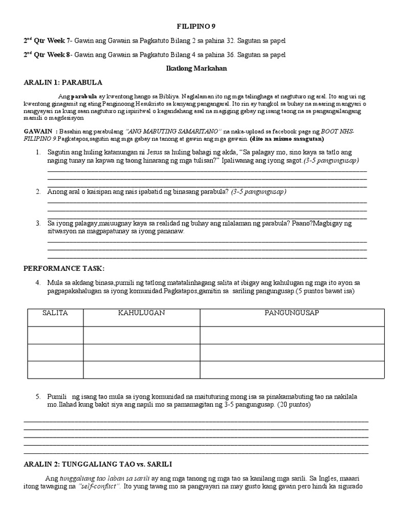 FILIPINO 9-3rdqtr-Worksheet | PDF