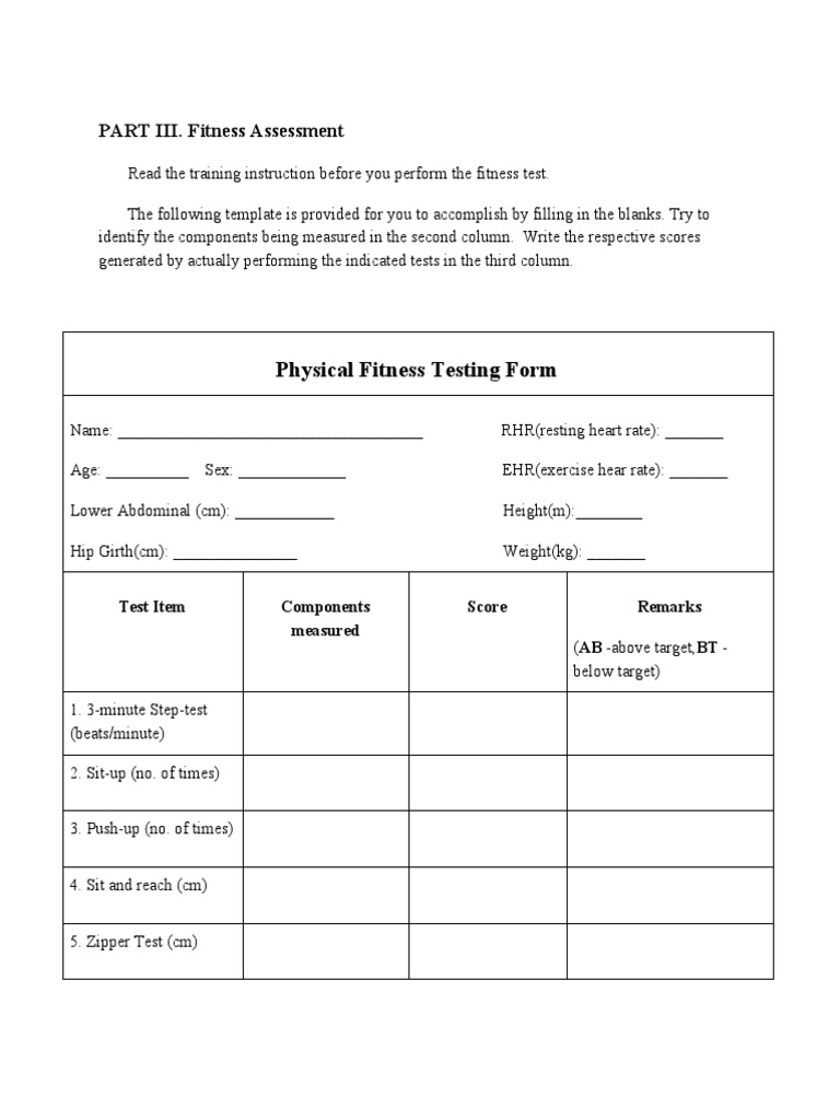 Physical Fitness Assessment Template | PDF | Teaching Methods ...