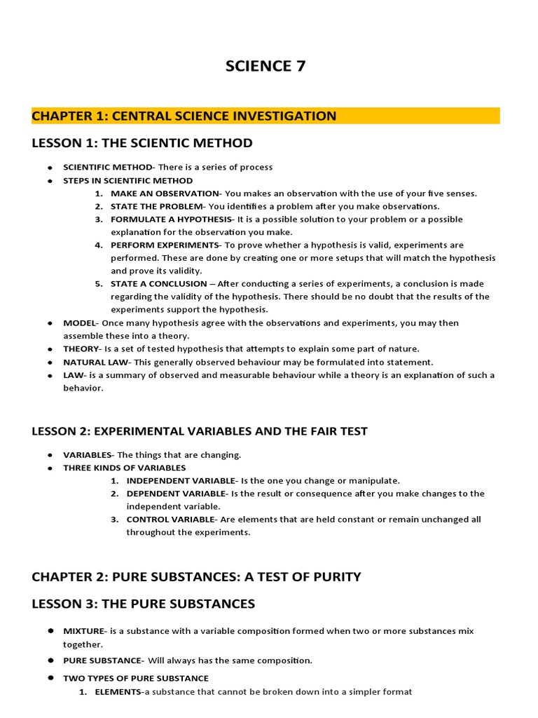 Science 7: Chapter 1: Central Science Investigation Lesson 1: The ...