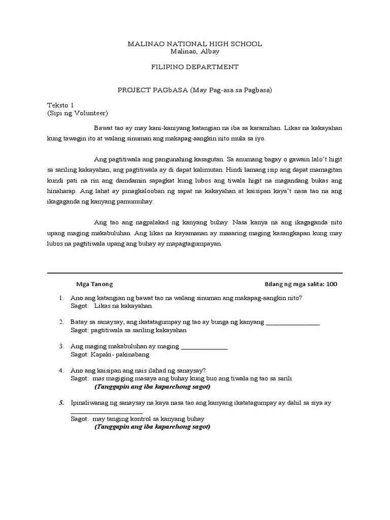 Project Pagbasa Reading Material-Volunteers | PDF