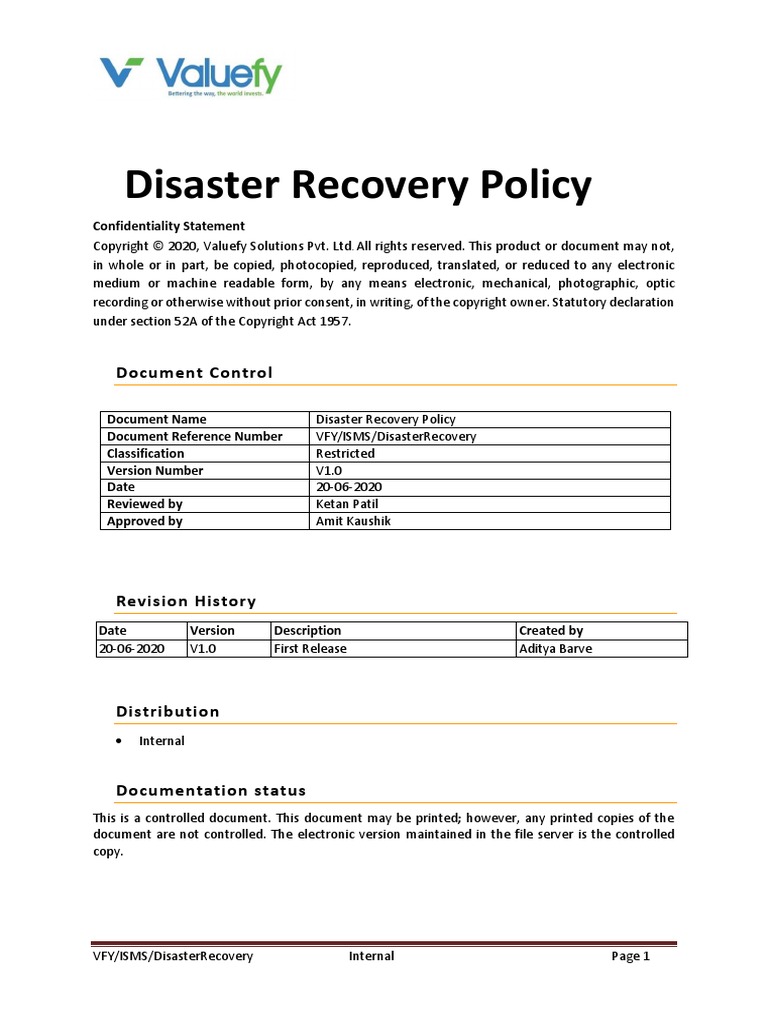Disaster Recovery Policy v1.0 | PDF | Backup | Disaster Recovery