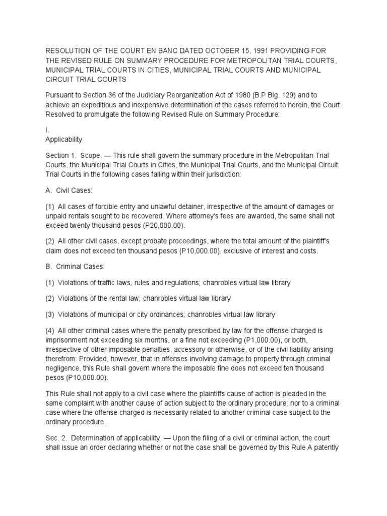 Rules On Summary Procedure | PDF | Lawsuit | Complaint