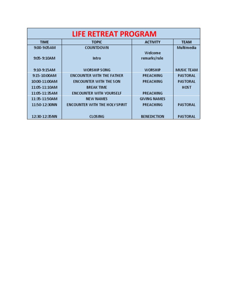 Life Retreat Program Schedule | PDF