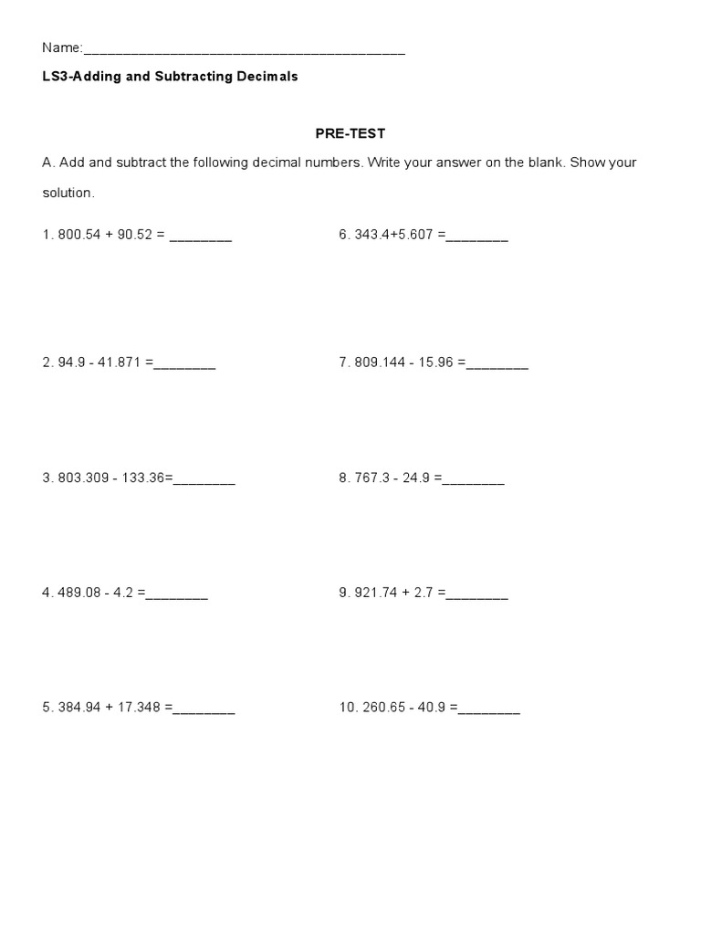 Adding and Subtracting Decimals Worksheet | PDF | Numbers | Decimal