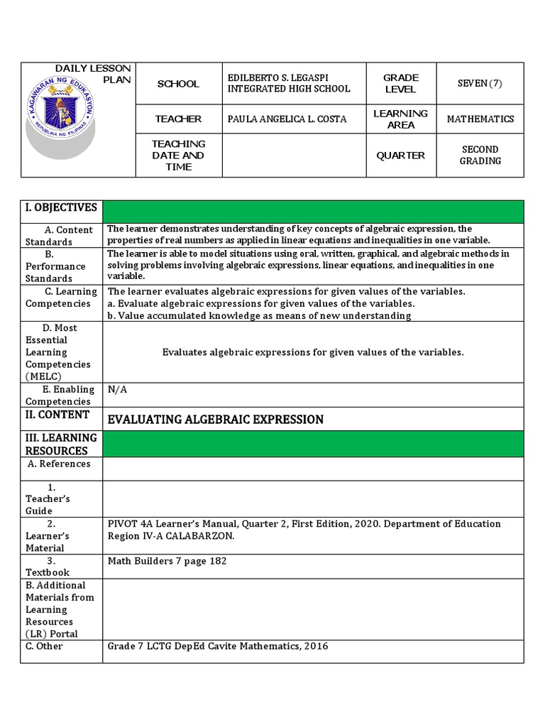DLP Evaluating Algebraic Expression | PDF | Polynomial | Mathematics