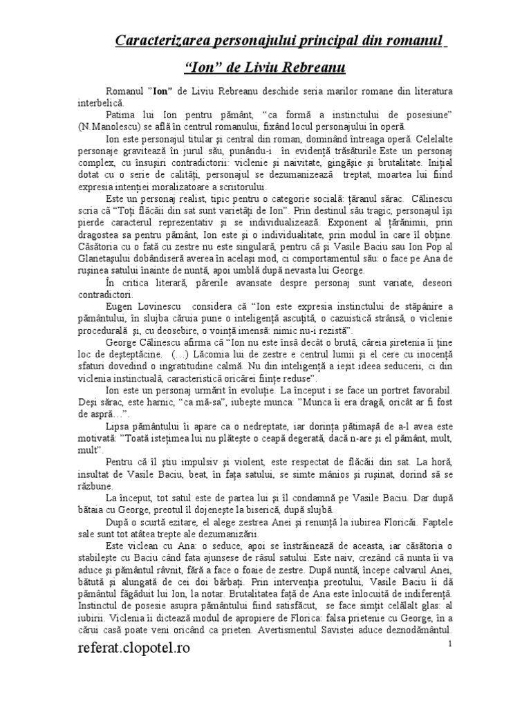 Caracterizarea Personajului Principal Din Romanul Ion de Liviu Rebreanu | PDF