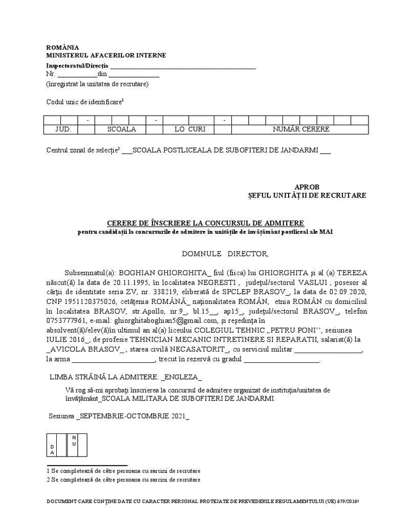 Cerere Scoala Militara Jandarmi | PDF