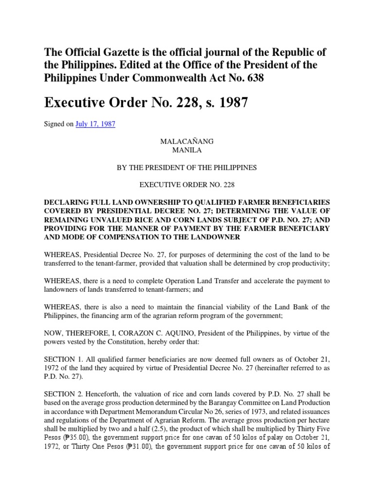 Executive Order No. 228, S. 1987 | PDF | Foreclosure | Bonds (Finance)