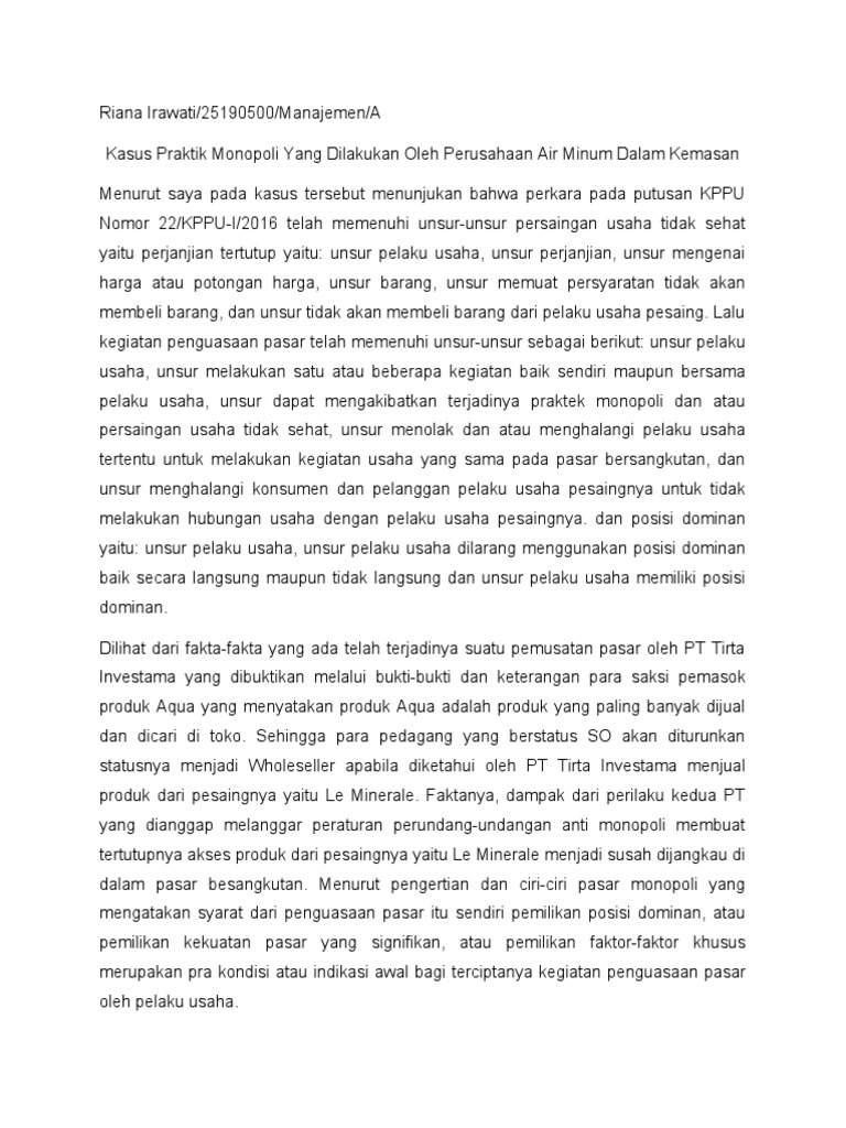 Kasus Praktik Monopoli Yang Dilakukan Oleh Perusahaan Air Minum Dalam ... Kasus Praktik Monopoli Yang Dilakukan Oleh Perusahaan Air Minum Dalam ...