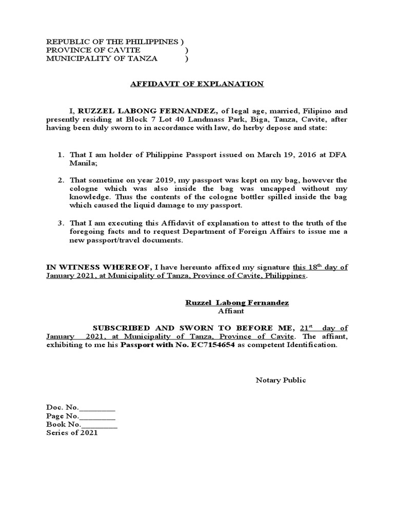 Affidavit of Explanation - Passport Damage | PDF