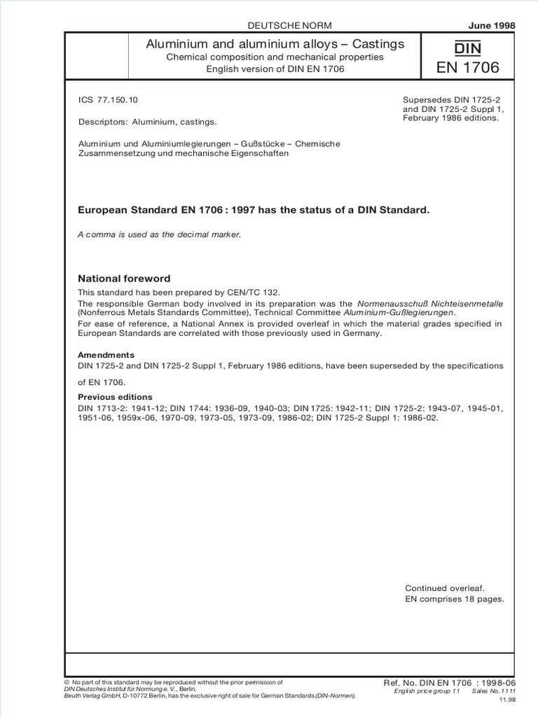 Aluminium and Aluminium Alloys - Castings: European Standard EN 1706: ...