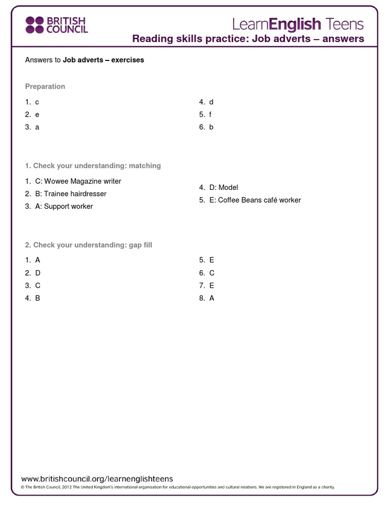 Job Adverts Exercises Answers | PDF
