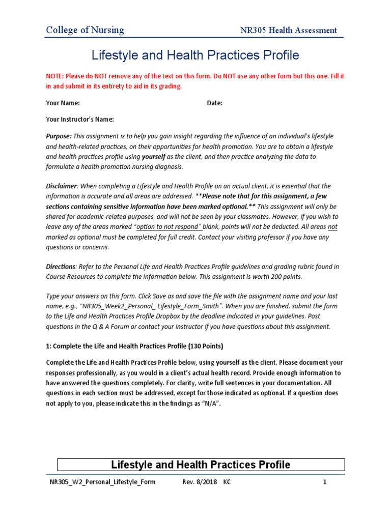 Lifestyle and Health Practices Profile Guidelines | PDF | Nursing | Meal