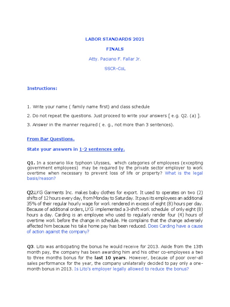 Labor Standards 2021 Finals: Atty. Paciano F. Fallar Jr. Sscr-Col | PDF ...