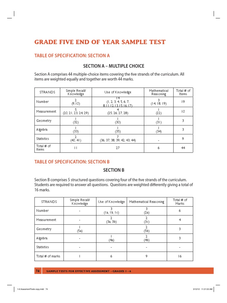 Grade 5 Mathematics Exam Sample Test | PDF | Multiple Choice | Mathematics