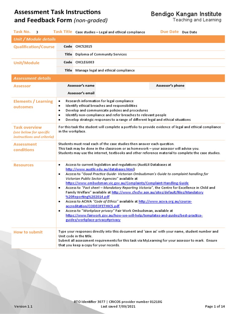 Assessment Task Instructions and Feedback Form: (Non-Graded) | PDF | Regulatory Compliance ...