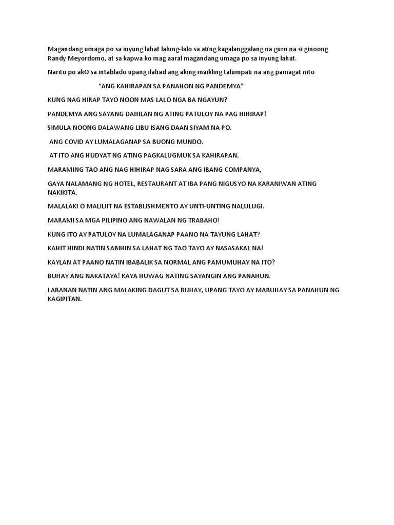 Halimbawa Ng Talumpati Halimbawa NG Talumpati Ibat Ibang Paksa | PDF