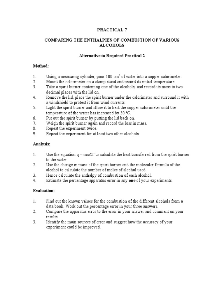 Practical 7 - Measuring The Enthalpy of Combustion of Alcohols | PDF
