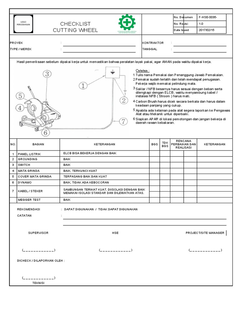 Form Checklist Inspeksi Utting Wheel | PDF