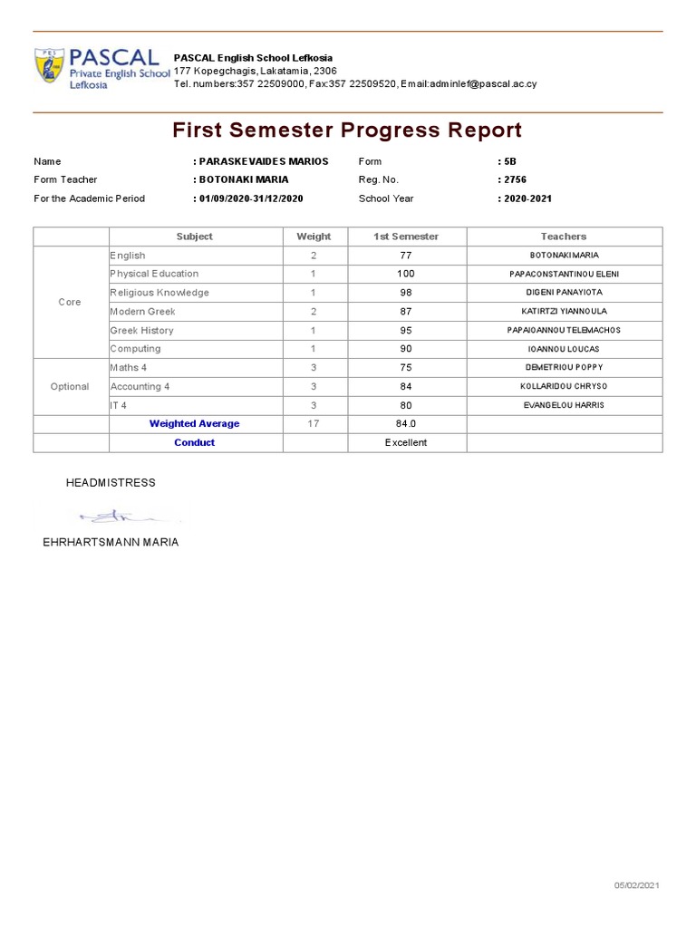 First Semester Progress Report: PASCAL English School Lefkosia | PDF