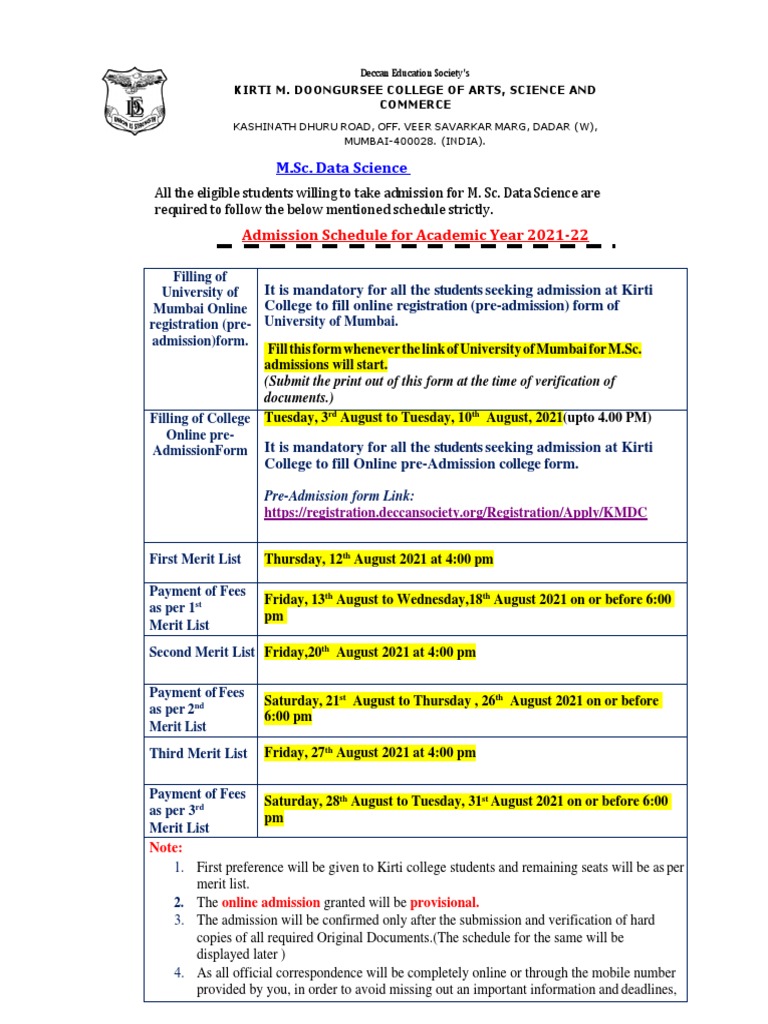 MSC in Data Science Admission 2021 2022 1 | PDF