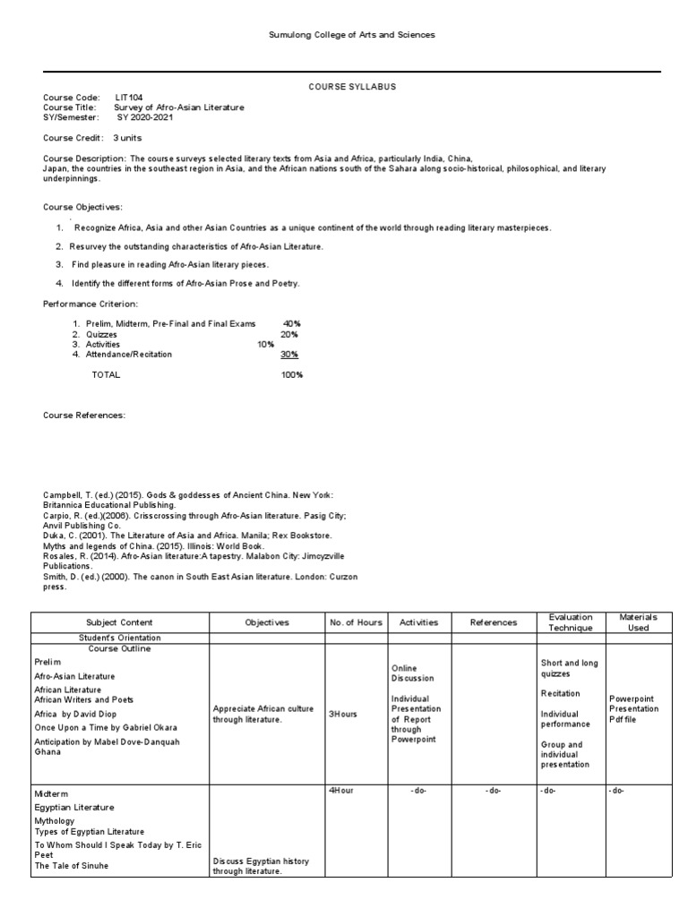 Course Syllabus Survey of Afro-Asian Lit | PDF | Asia