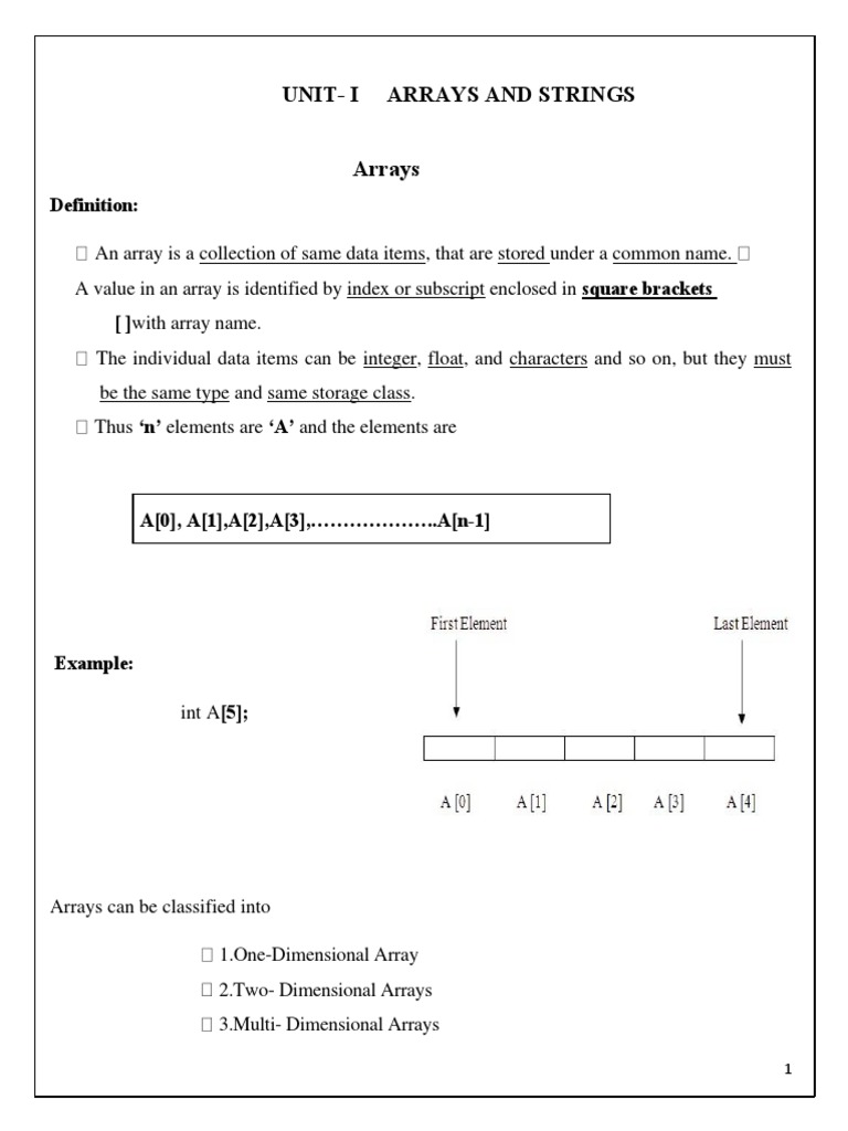 Unit-I Arrays and Strings Arrays: Definition | PDF | Array Data Structure | Data Type