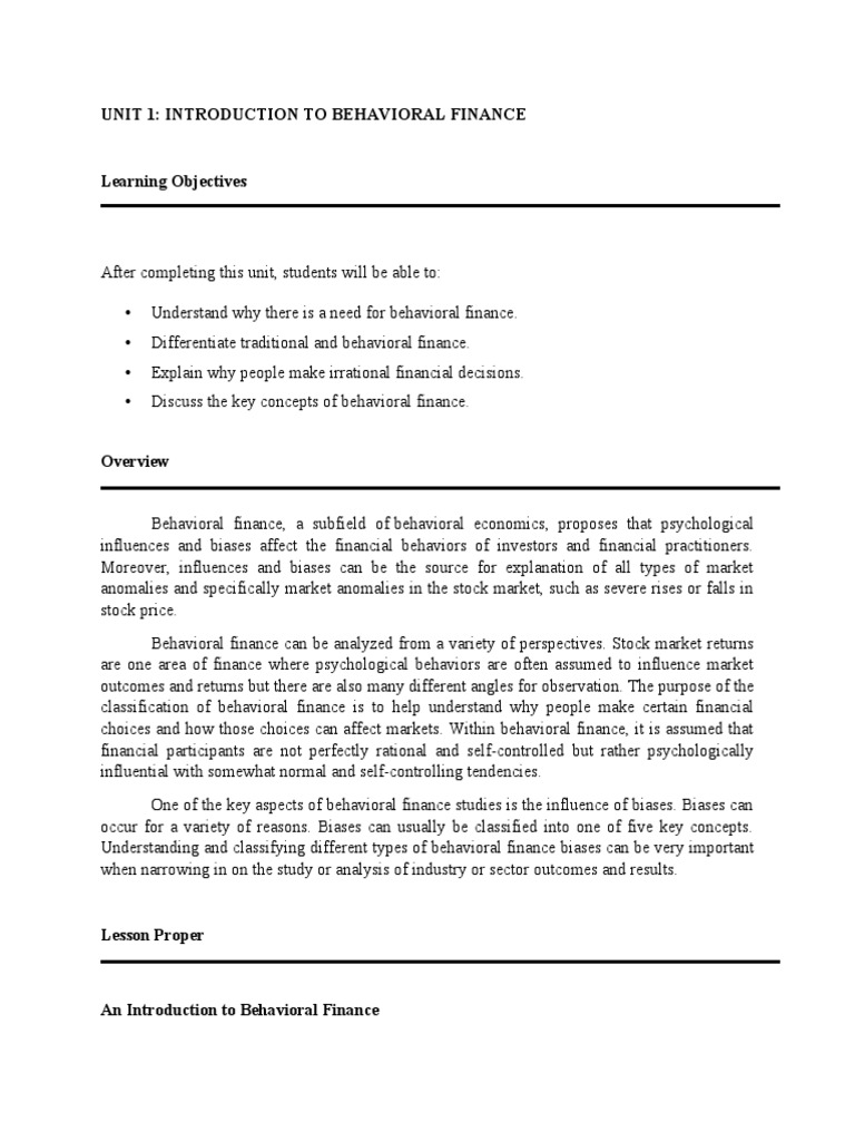 Unit 1: Introduction To Behavioral Finance | PDF | Behavioral Economics ...