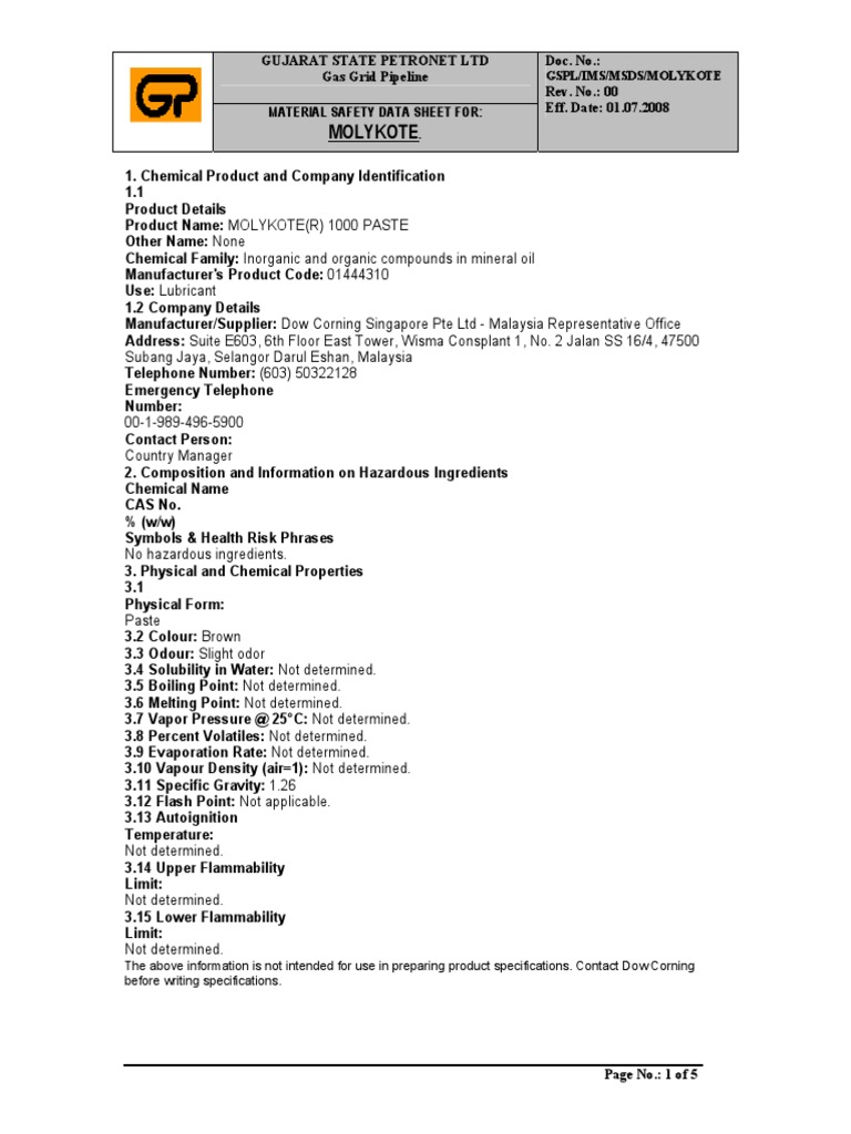MSDS of Molykote - F | PDF | Fires | Firefighting MSDS of Molykote - F | PDF | Fires | Firefighting