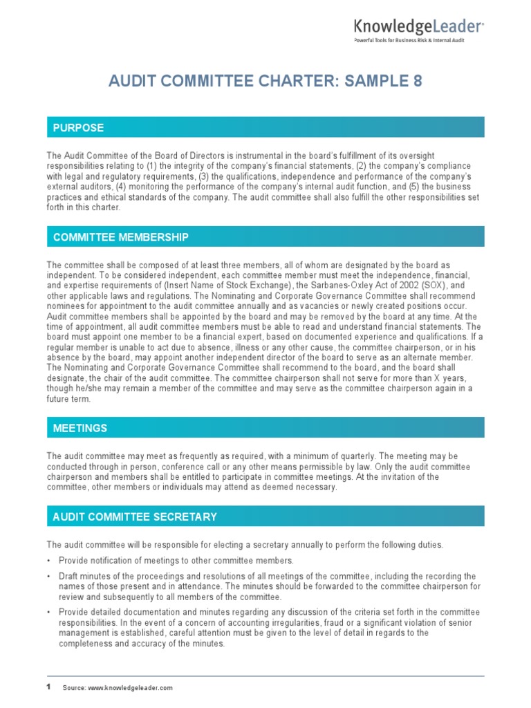 4.1. Audit Committee Charter Sample 8 | PDF | Audit Committee | Audit