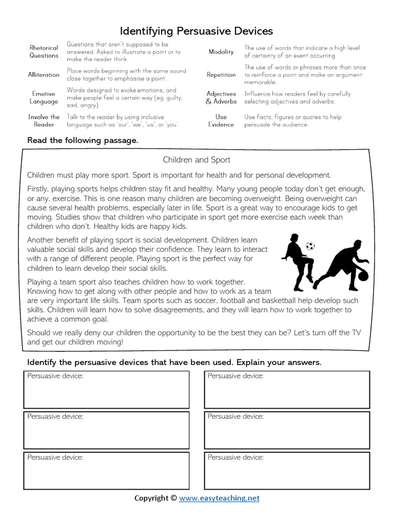 Identifying Persuasive Devices: Read The Following Passage. Children ...