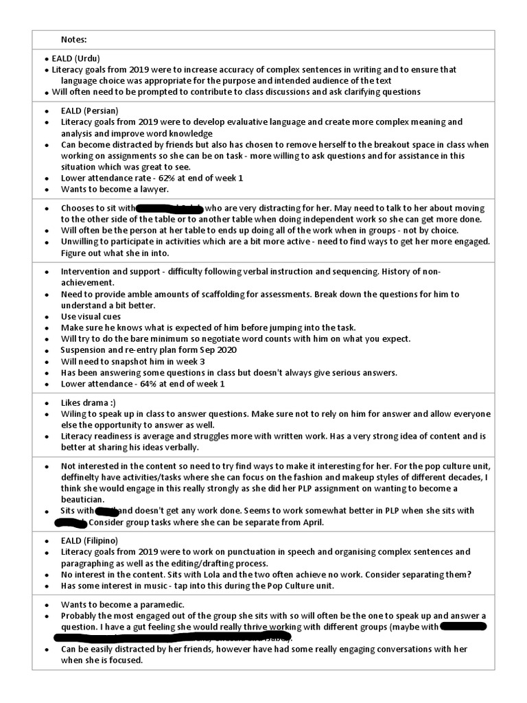 Ple Evidence Set - Student Observation Notes | PDF | Adverb | Literacy