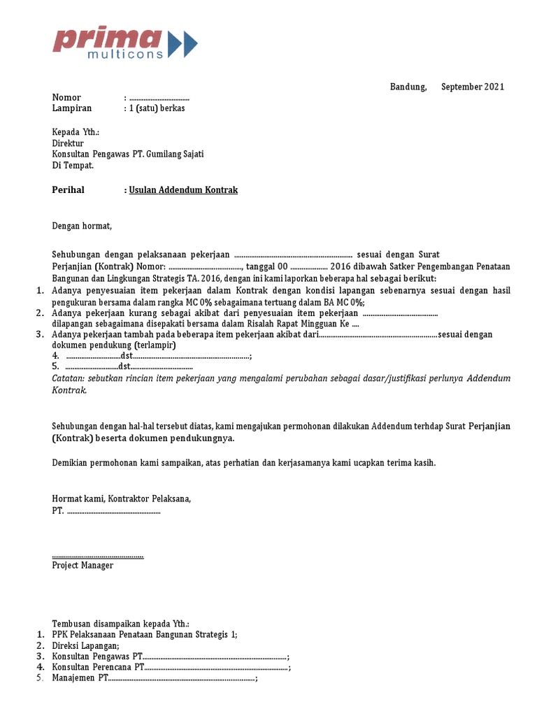 Contoh Surat Permohonan Addendum Kontrak | PDF | Bisnis