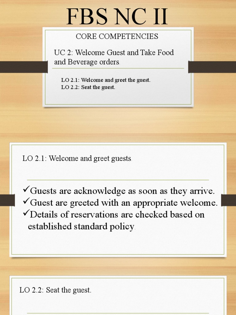 FBS NC II Core Competencies: Welcome Guests & Take Food Orders | PDF