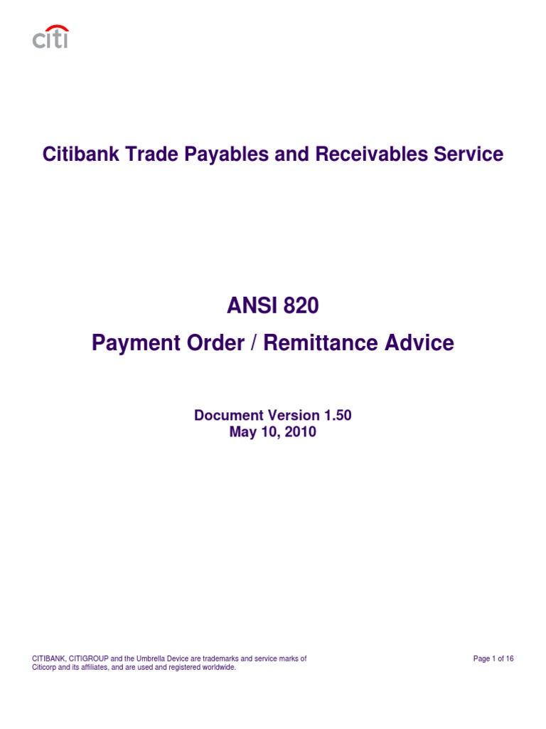 Trade EDI 820 Ver 1.50 | Citigroup | Debits And Credits