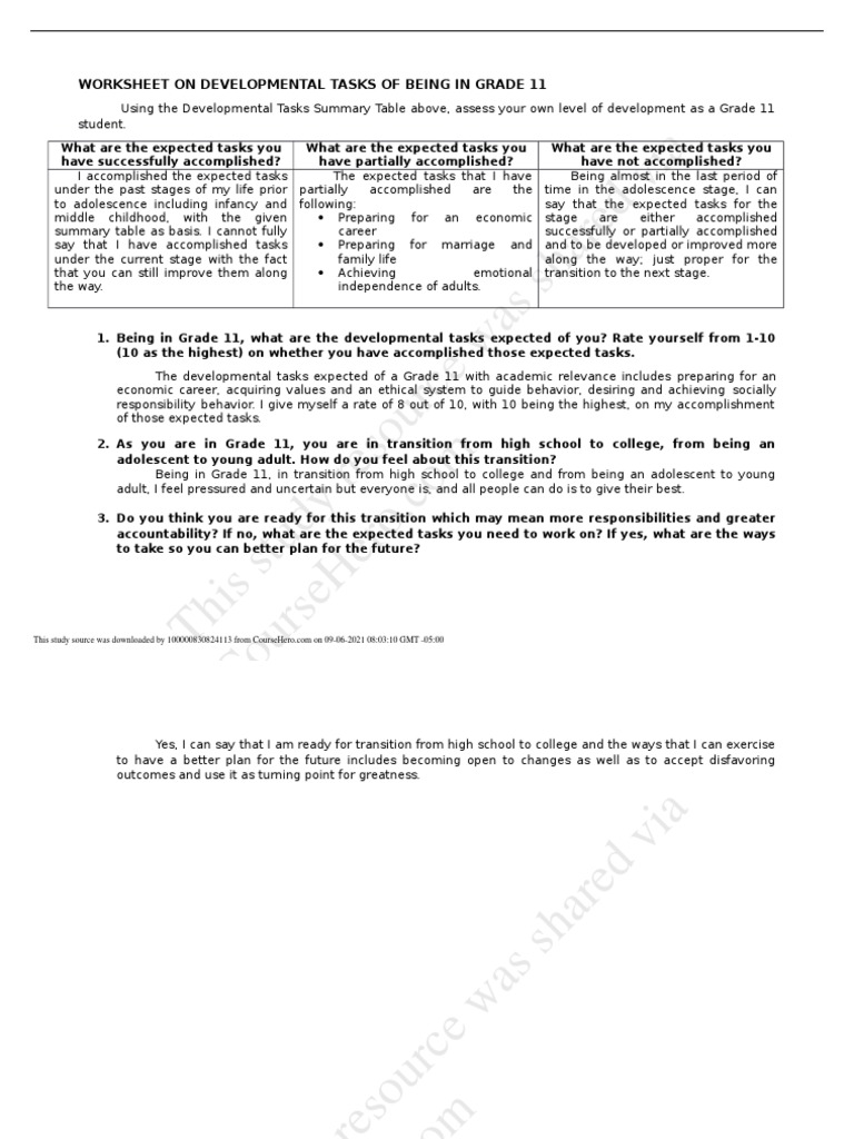 This Study Resource Was Shared Via: Worksheet On Developmental Tasks of ...