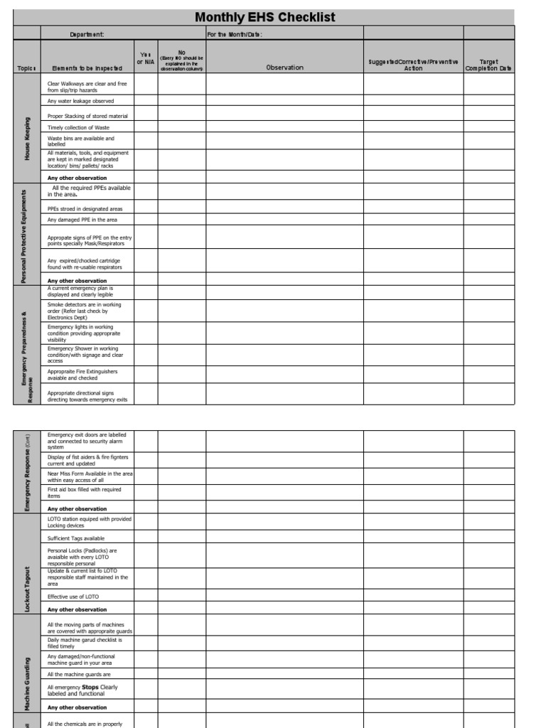 Monthly EHS Checklist | Download Free PDF | Personal Protective ...