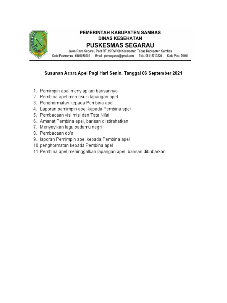 Susunan Acara Apel Pagi Hari Senin 06 September | PDF