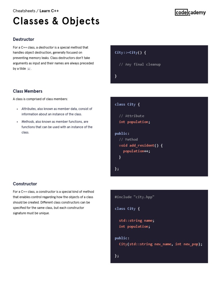 Learn C++ - Classes & Objects Cheatsheet - Codecademy | PDF | Class ...