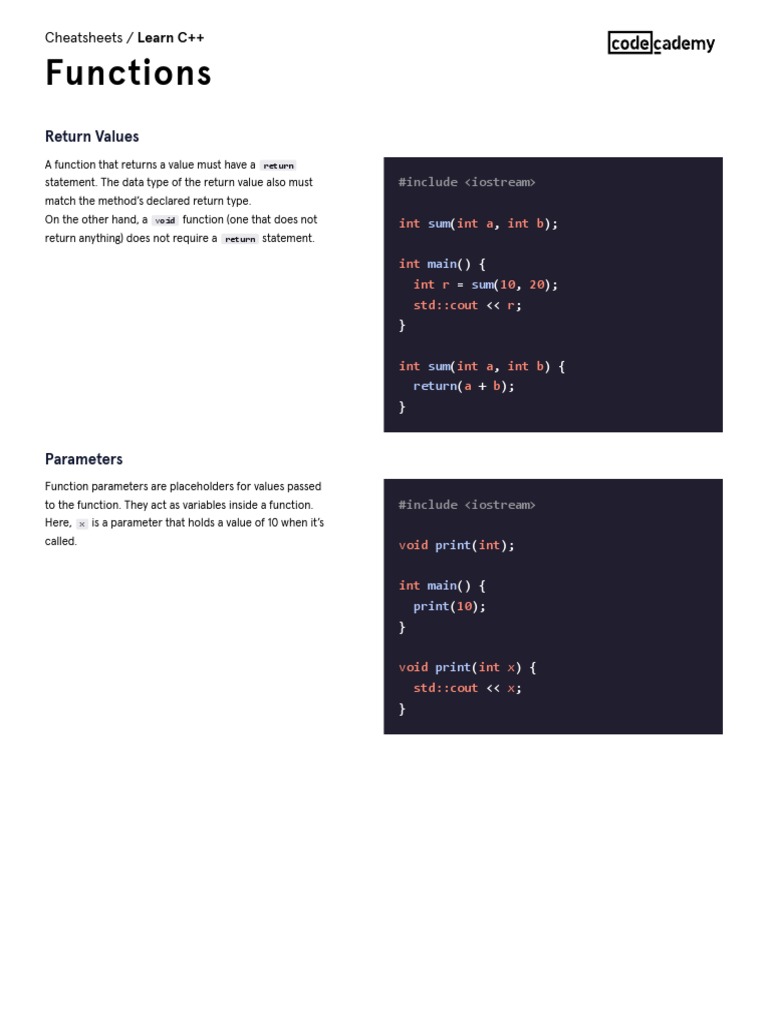 Learn C++ - Functions Cheatsheet - Codecademy | PDF | Parameter ...
